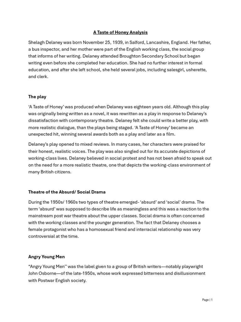 A Taste of Honey Analysis | PDF