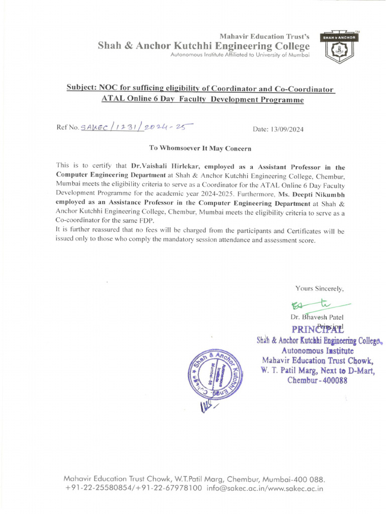 Atal FDP Letter Sakec 2024sh VVH and DN | PDF