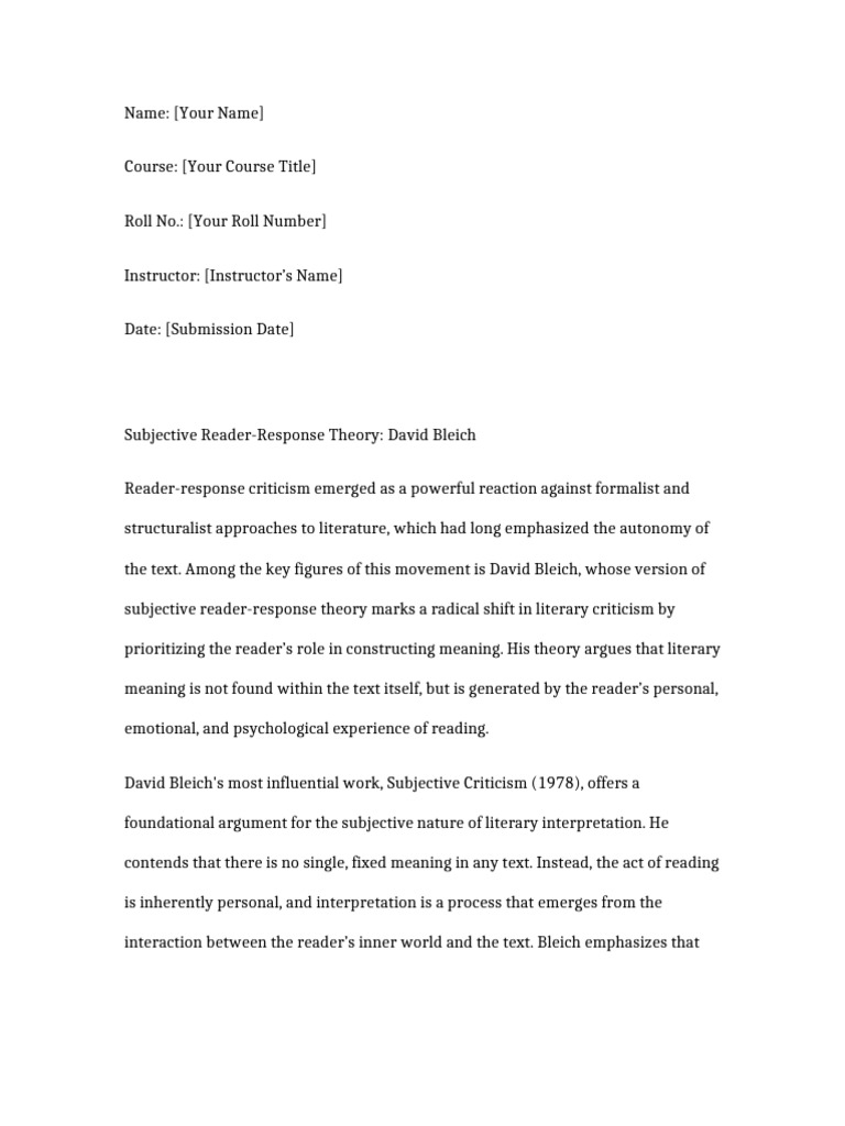 Subjective Reader Response Theory David Bleich | PDF | Human ...