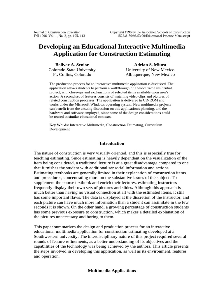 Developing An Educational Interactive Multimedia Application For Construction Estimating | PDF ...