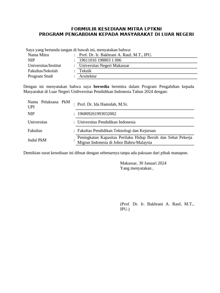 Formulir Kesediaan Peneliti Mitra LPTK | PDF