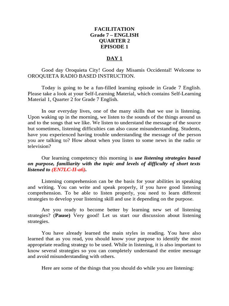 English 7 Q2 Episode 1 Facilitation | PDF | Reading Comprehension | Information