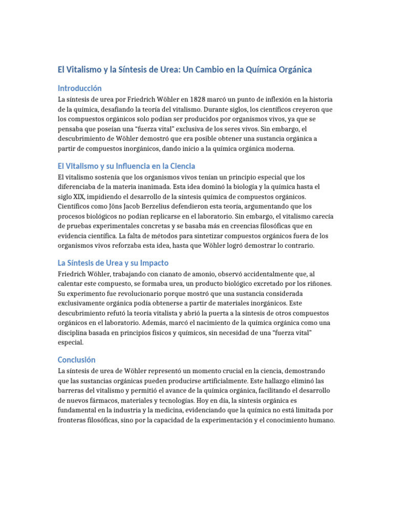 Ensayo Vitalismo Sintesis Urea | PDF | Urea | Vitalismo