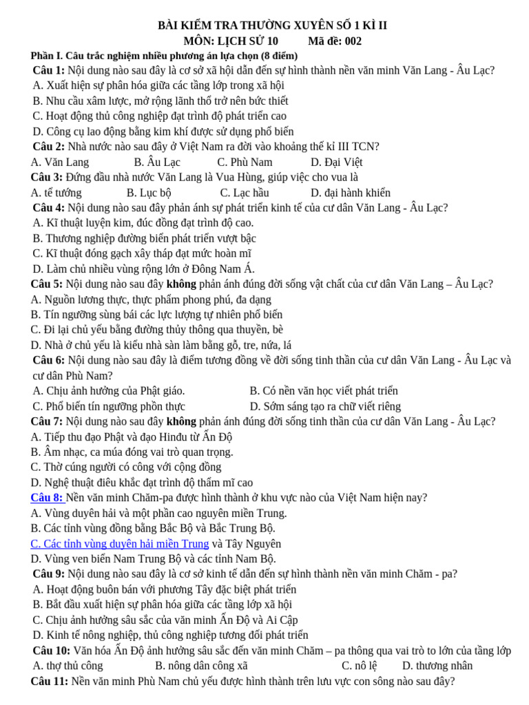 bài ktra 15p sử 10 kì 2 - 2024 - Mã đề 002 | PDF