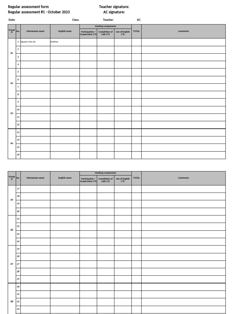CLASS NAME - Regular Assessment 1 - Marking Sheet (ENG) - Teacher Form ...