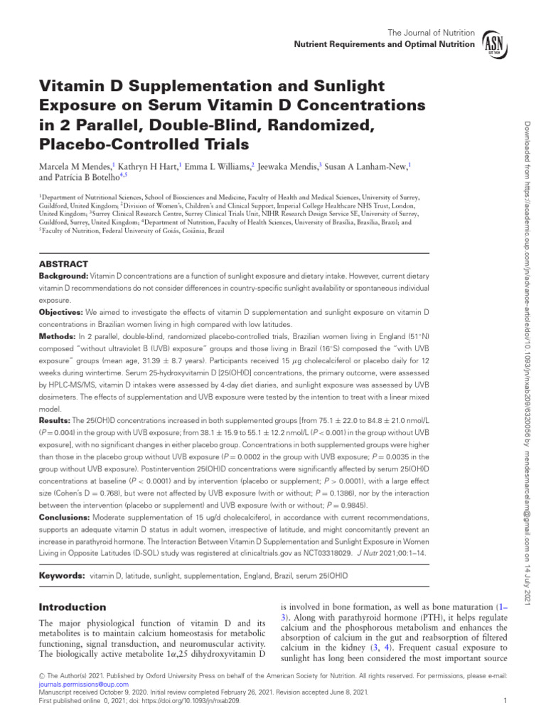 Vitamin D Supplementation and Sunlight Exposure On Serum Vitamin D Concentrations in 2 Parallel ...