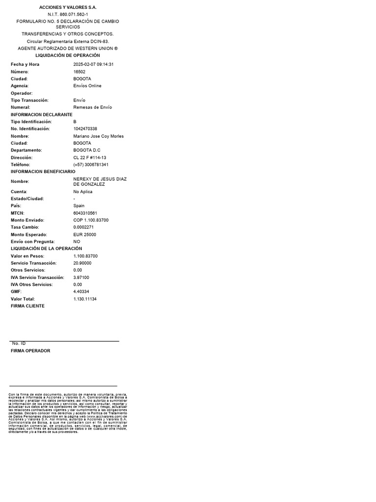 Tirilla de Pago Del Envio | PDF | Transferencia bancaria | Western Union