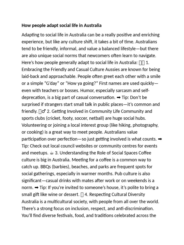 Adapting to Social Life in Australia | PDF