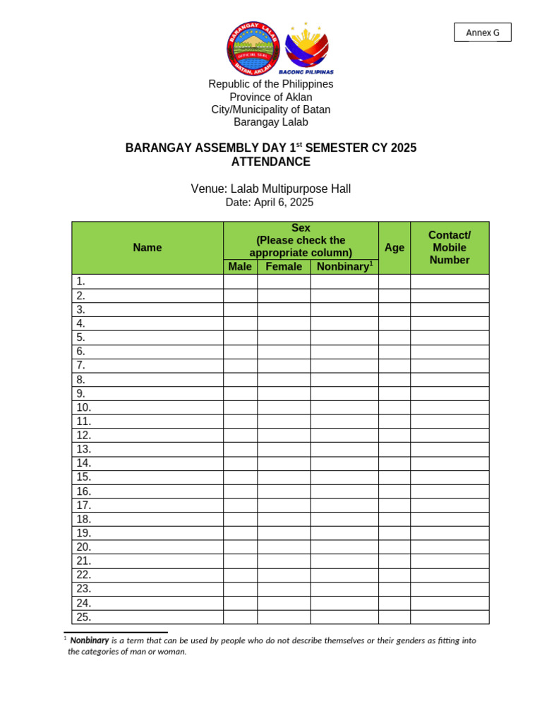 Barangay Assembly Attendance Sheet 2025 | PDF | Gender | Gender Studies