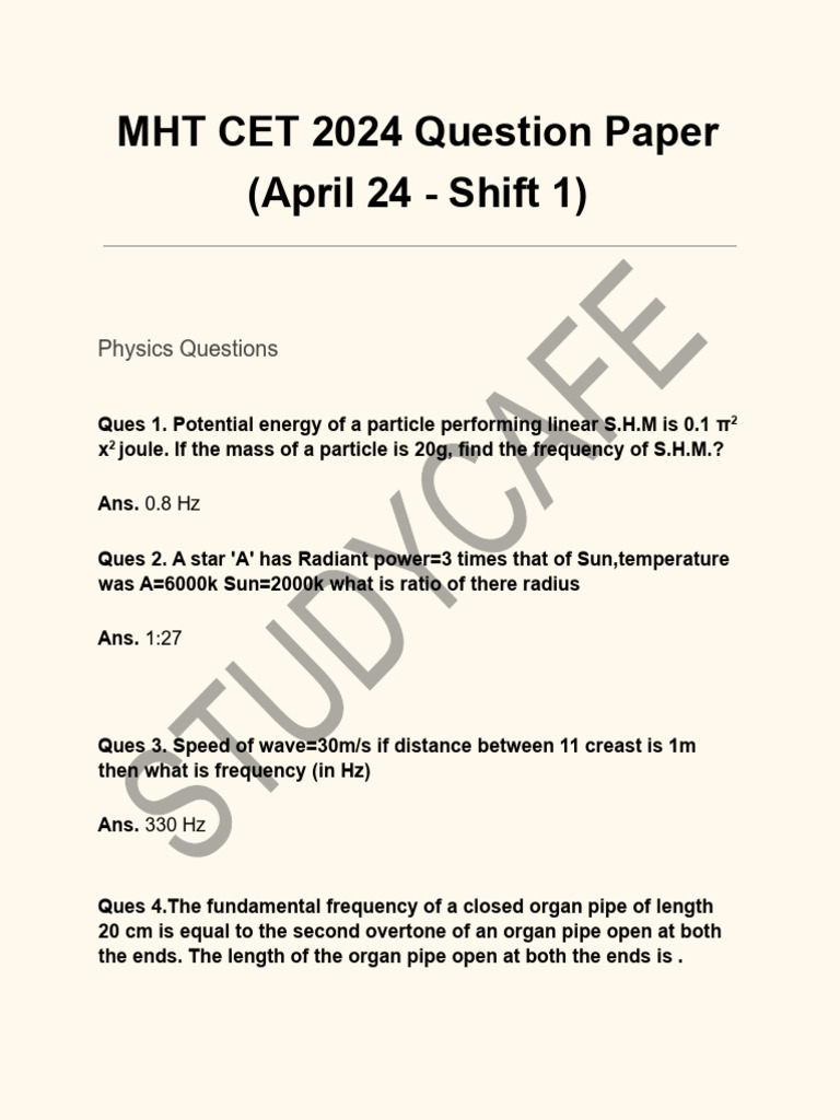 Mhtcet 2024 PCB Shift Wise Question Paper | PDF | Acceleration | Sperm