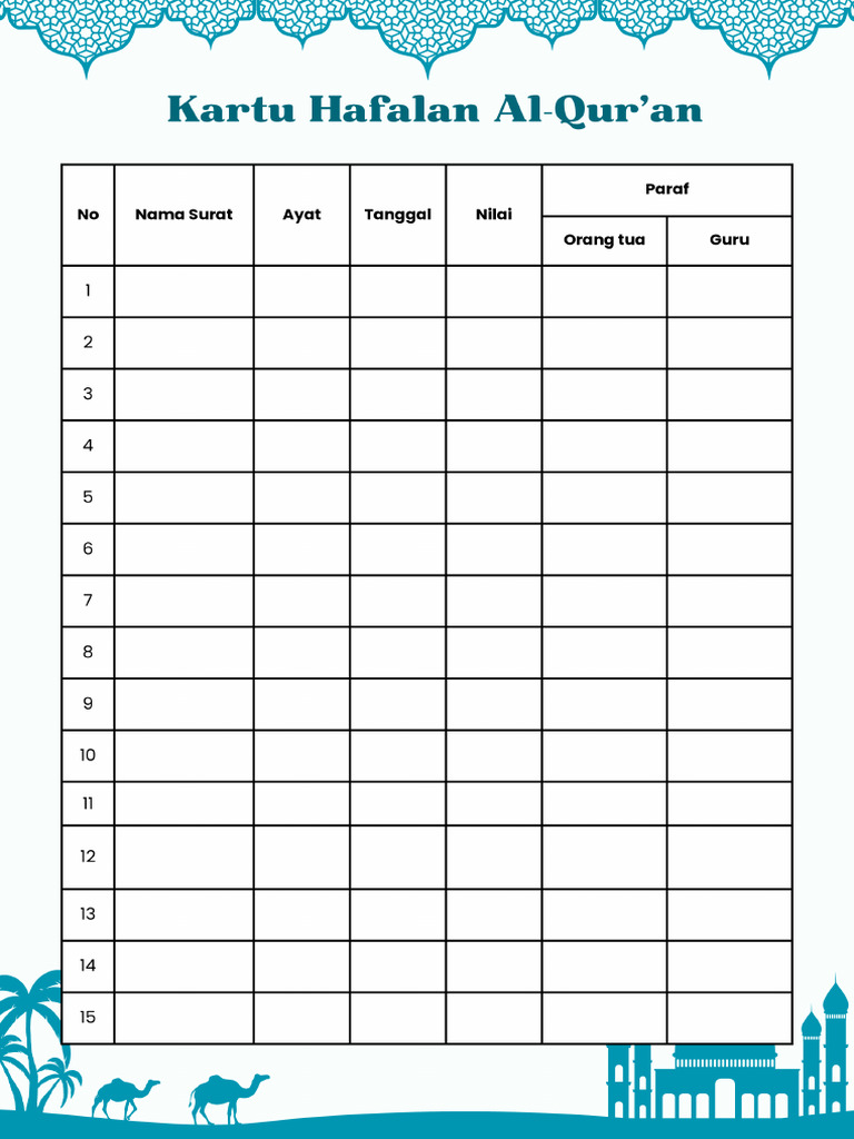 Kartu Hafalan Al-Qur'an Dokumen Pendidikan Biru Sederhana | PDF
