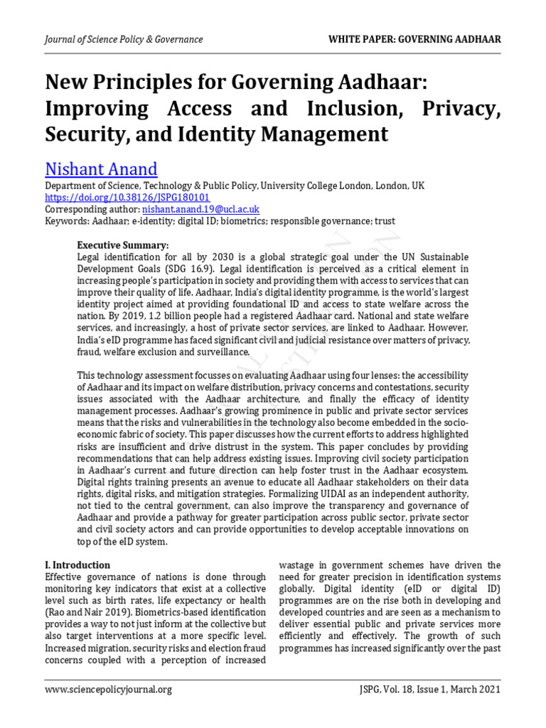 New Principles for Governing Aadhaar Improving Acc | PDF | Identity Document | Computer Security