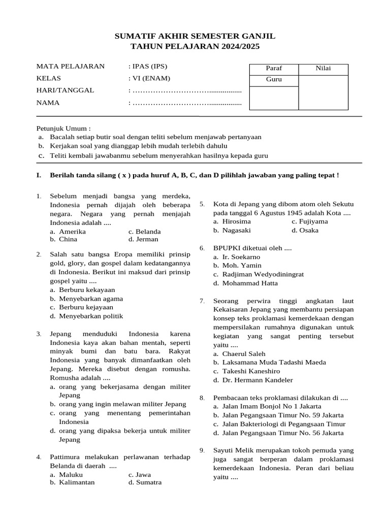 Soal Psas Ganjil Ips Kelas 6 2024 | PDF