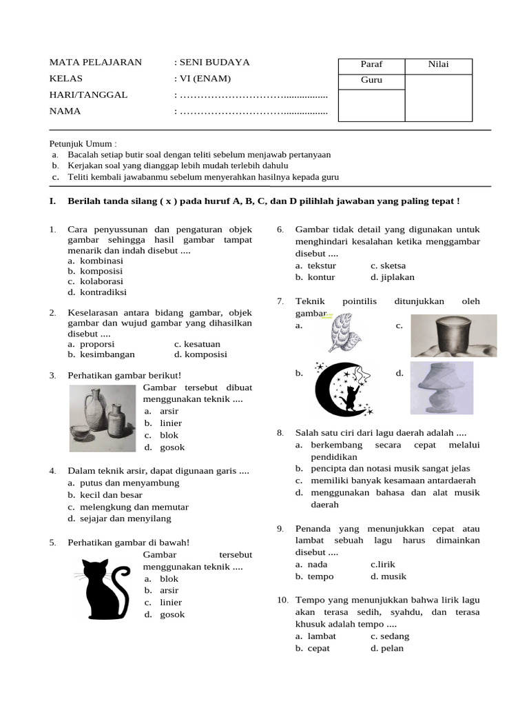 SOAL SAS GANJIL SENI BUDAYA KELAS 6 2024 | PDF