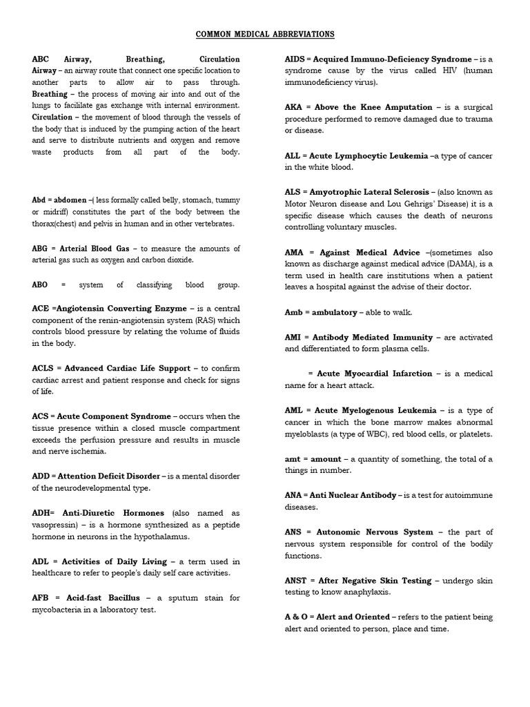 Common Medical Abbreviations | PDF | Heart | Kidney