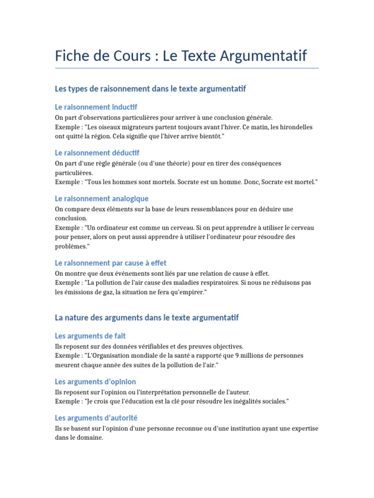 Raisonnement et arguments en texte argumentatif | PDF | Argumentation ...