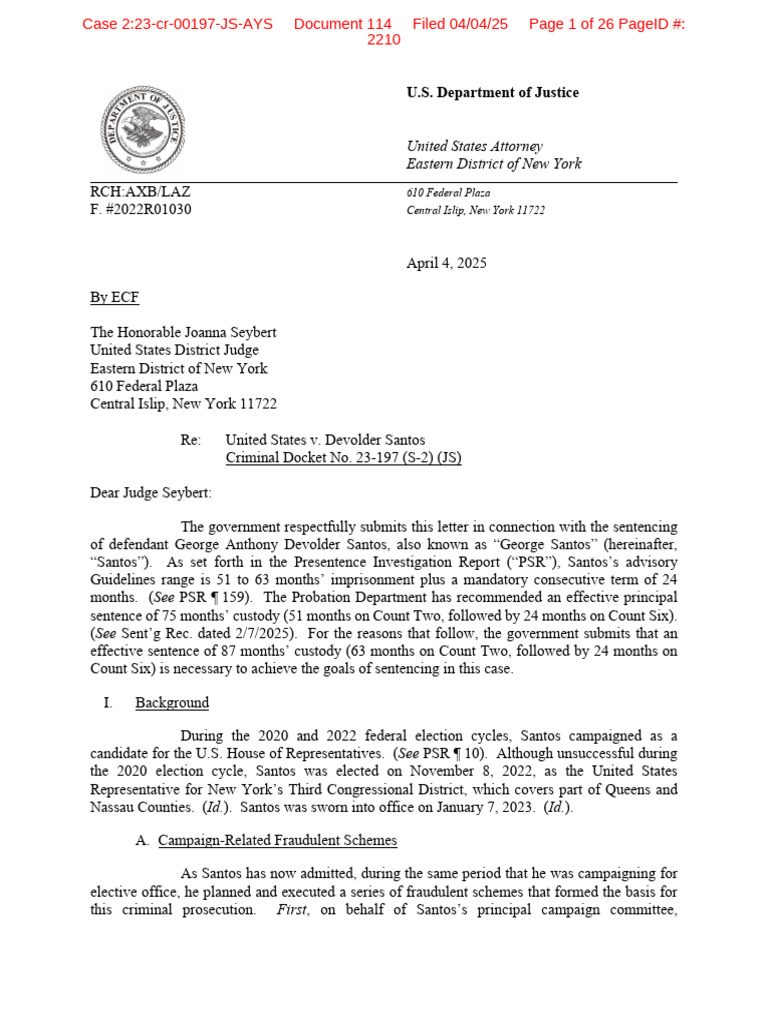 Letter Regarding George Santos Government Sentencing Memo | PDF