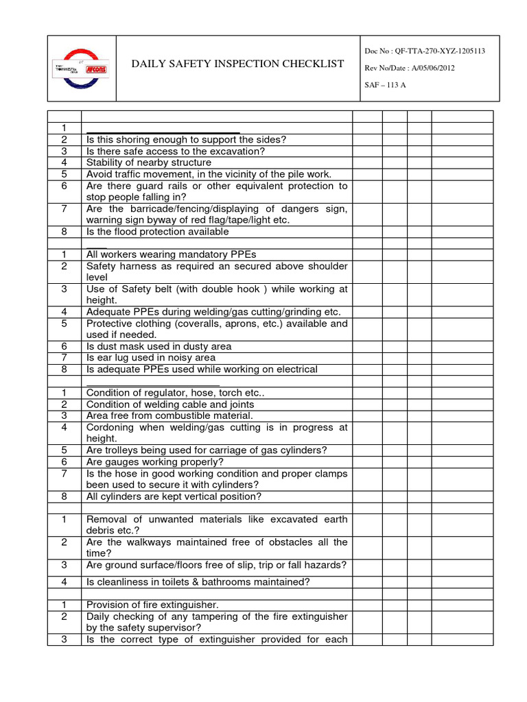 Daily Safety Inspection Checklist | PDF | Personal Protective Equipment ...