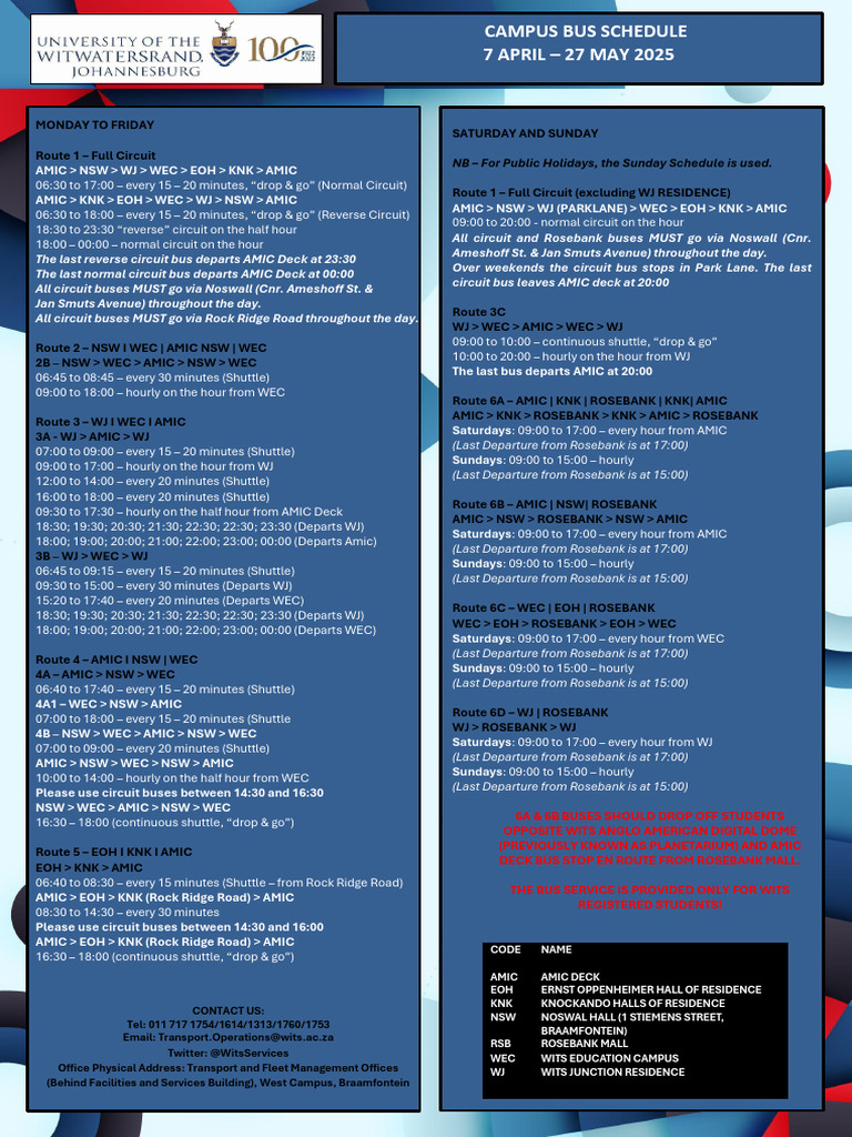 Campus Bus Schedule - 7 April - 27 May 2025 | PDF | Workweek And ...