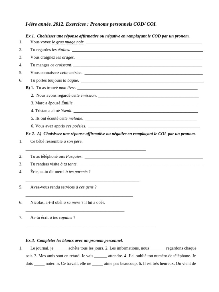 Exercices sur les pronoms COD/COI | PDF | Pronom
