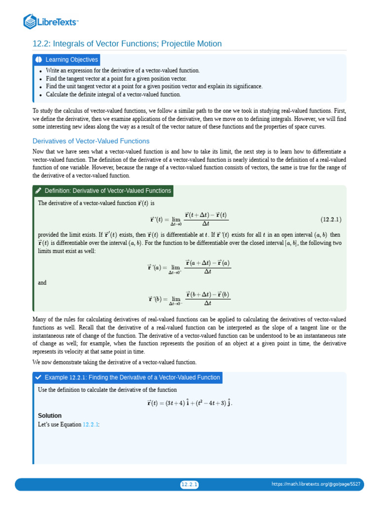12.2 Integrals of Vector Functions Projectile Motion | PDF | Derivative | Integral