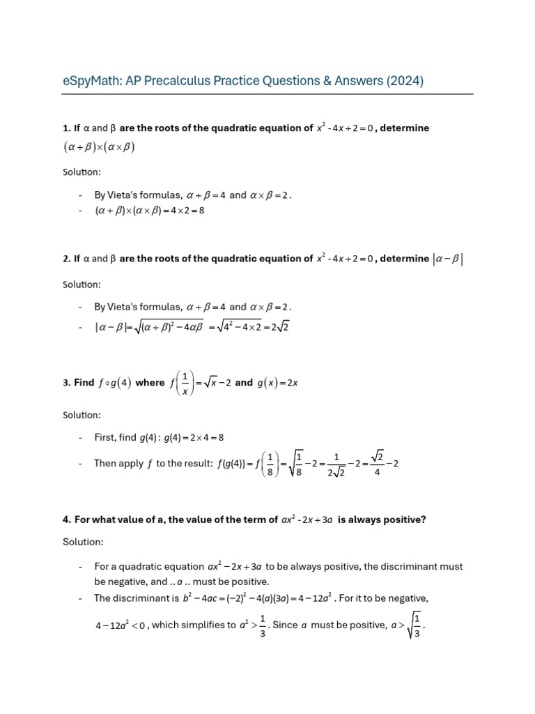 AP Precalculus Practice Questions 2024 | PDF | Mathematics | Algebra
