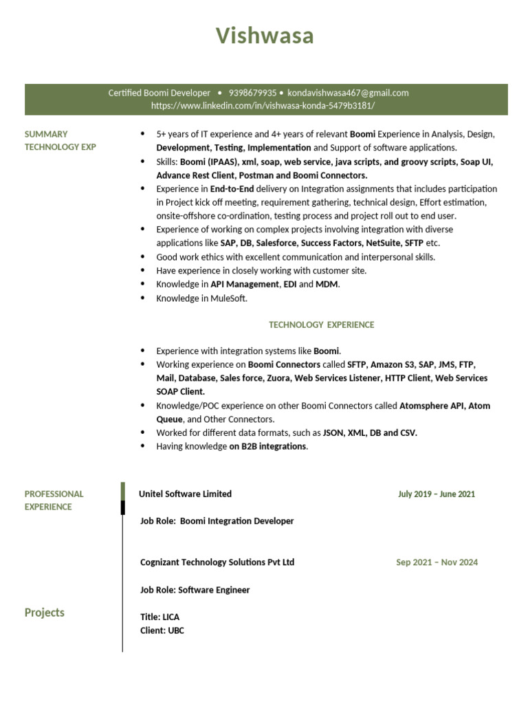 Vishwasa Boomi Developer Resume | PDF | Web Service | Computer Engineering