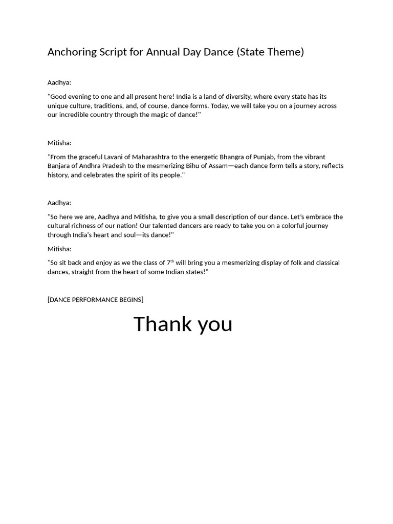 Anchoring Script For Annual Day Dance 1 | PDF