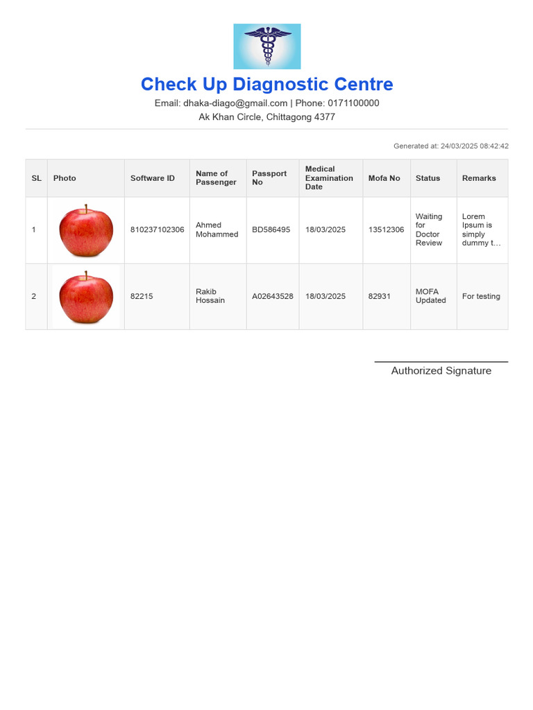 Check Up Diagnostic Centre Patient Status | PDF