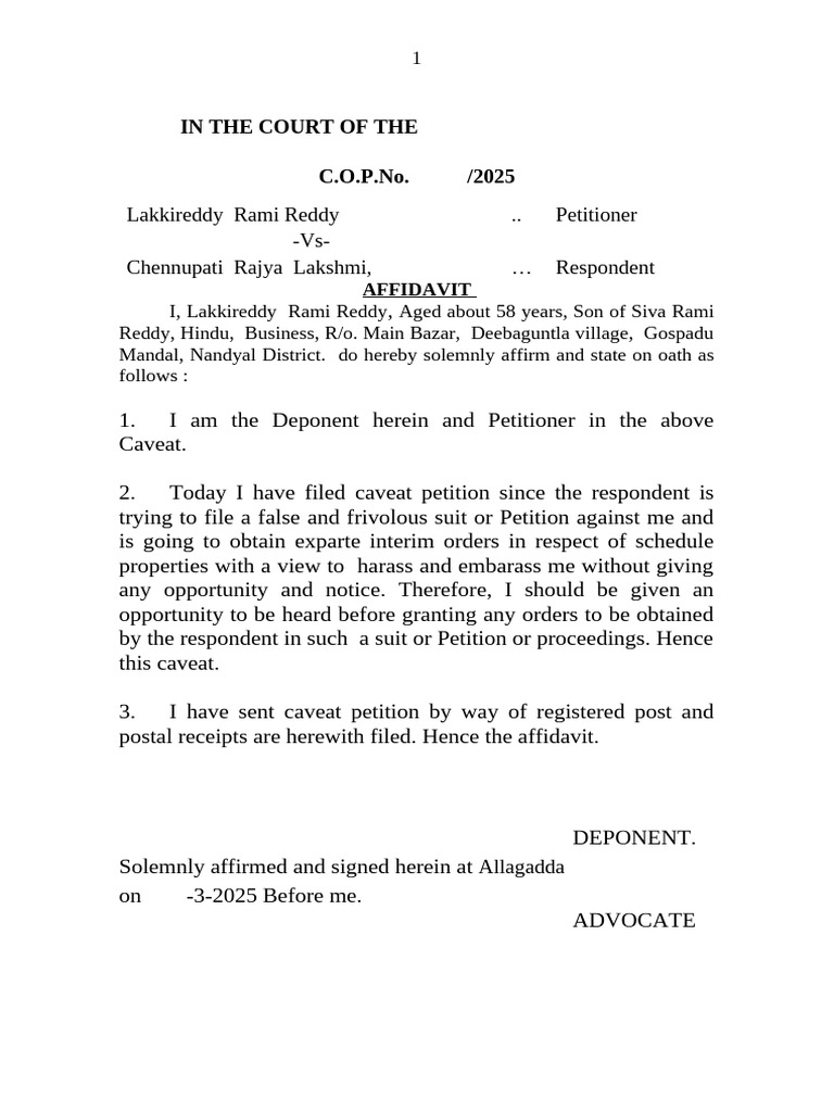 Caveat Petition by Lakkireddy Rami Reddy | PDF | Ex Parte | Affidavit