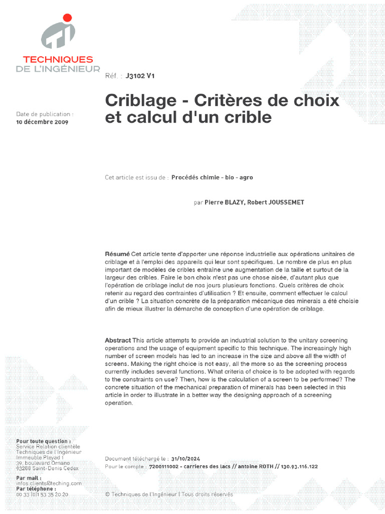 Criblage - Critères de Choix Et Calcul D'un Crible - Dossier Complet ...