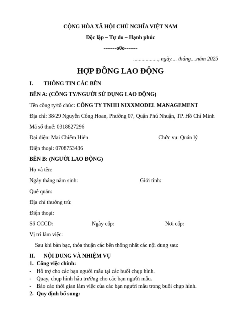 H P Đ NG Lao Đ NG: .................., Ngày.... Tháng.... Năm 2025 | PDF