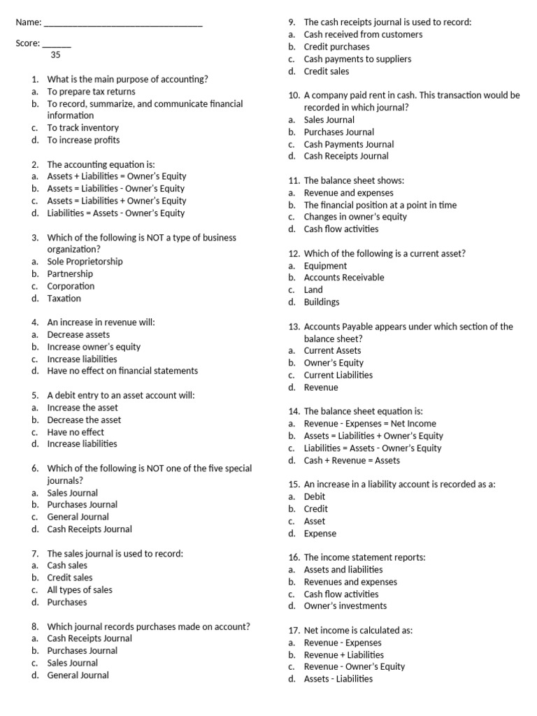 Accounting Basics Quiz Questions | PDF | Debits And Credits | Expense