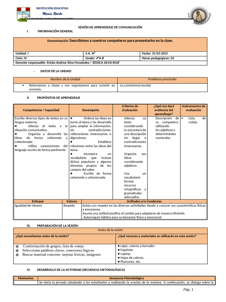 Sesión de Aprendizaje - 4to Grado - Descripción de Personas | PDF | Aprendizaje | Lingüística