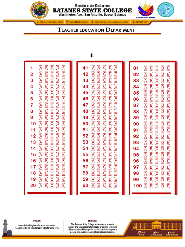 Teacher Education Assessment Answer Sheet | PDF