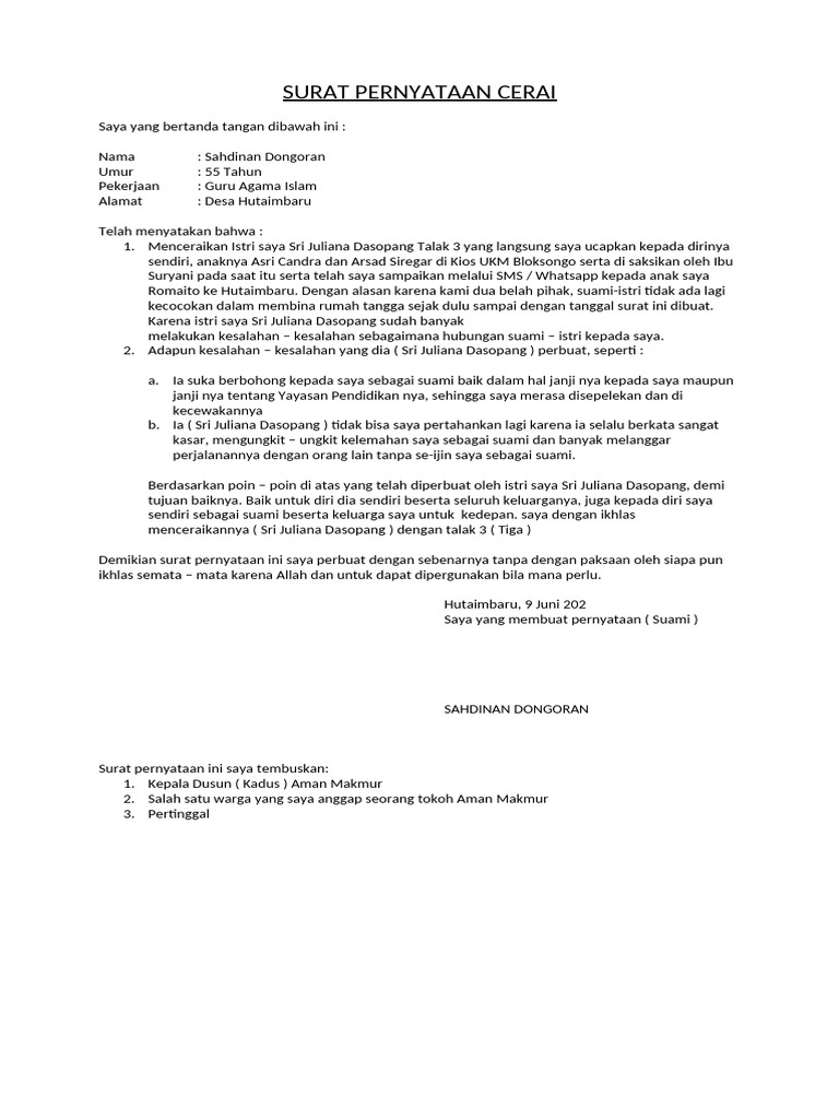 SURAT PERNYATAAN CERAI | PDF