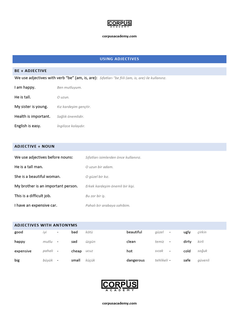 Using Adjectives (Turkish Translation) | PDF