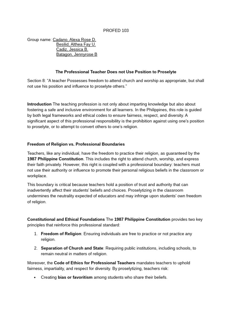 PROFED 103 WRITTEN REPORT | PDF | Teachers | Freedom Of Religion