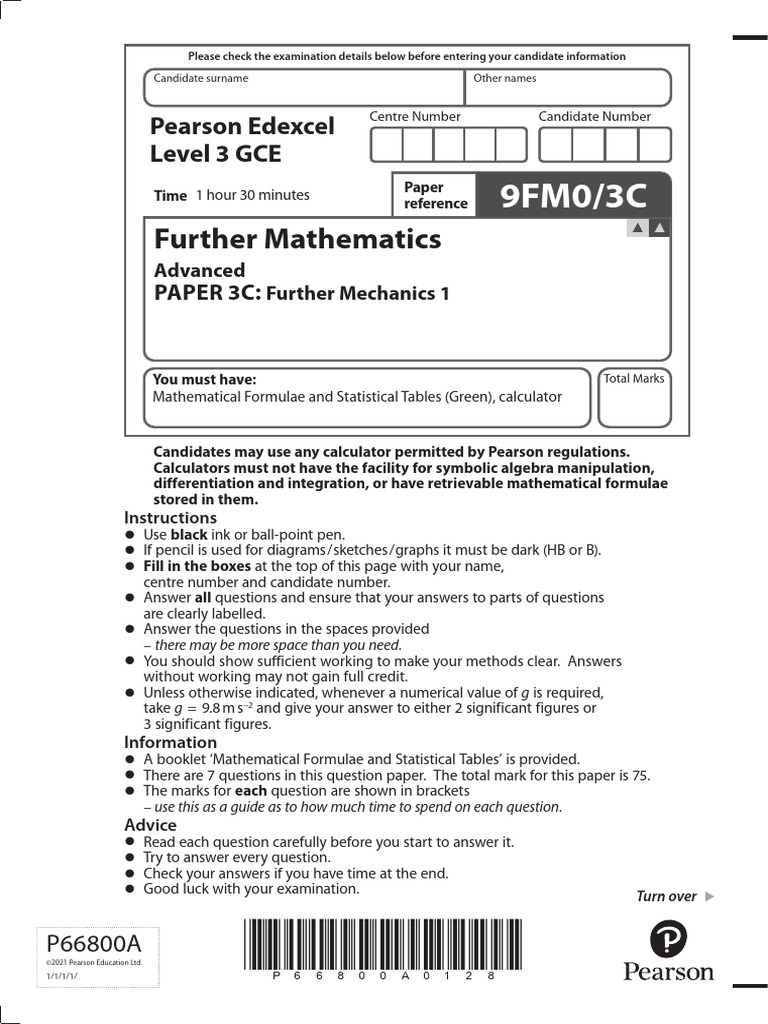 A Level Further Maths Edexcel NOV 21 Mech 3C QP | PDF | Collision ...