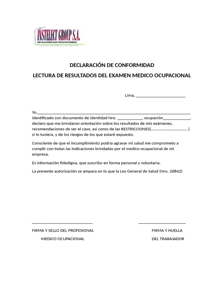 DECLARACIÓN DE CONFORMIDAD EMO LECTURA | PDF