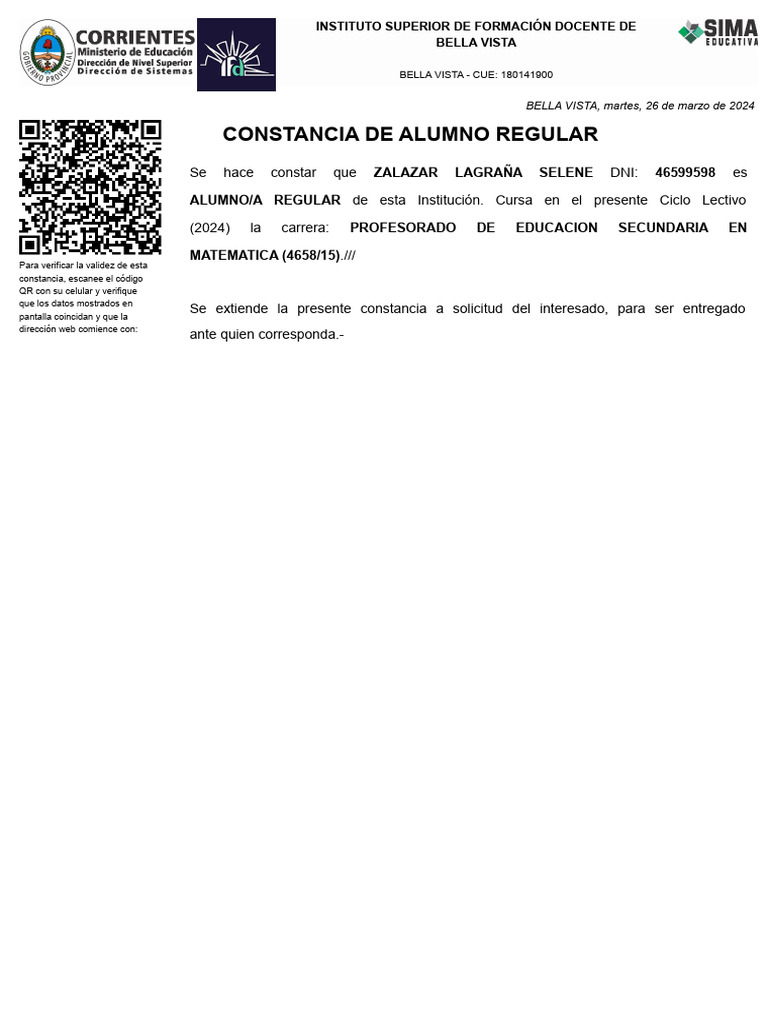 Constancia de Alumno Regular 2024 | PDF