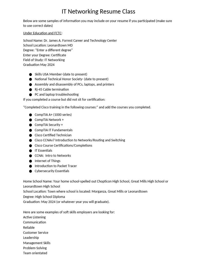IT Networking Resume Class | PDF