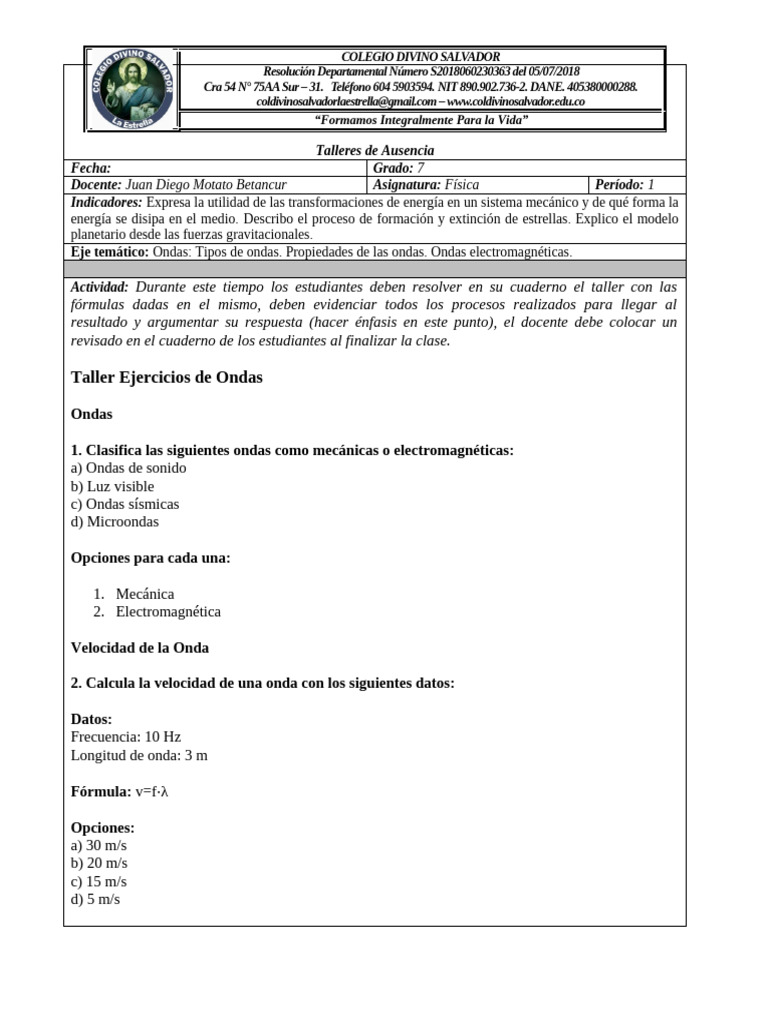 Taller de Ondas para Grado 7 en Física | PDF | Olas | Frecuencia