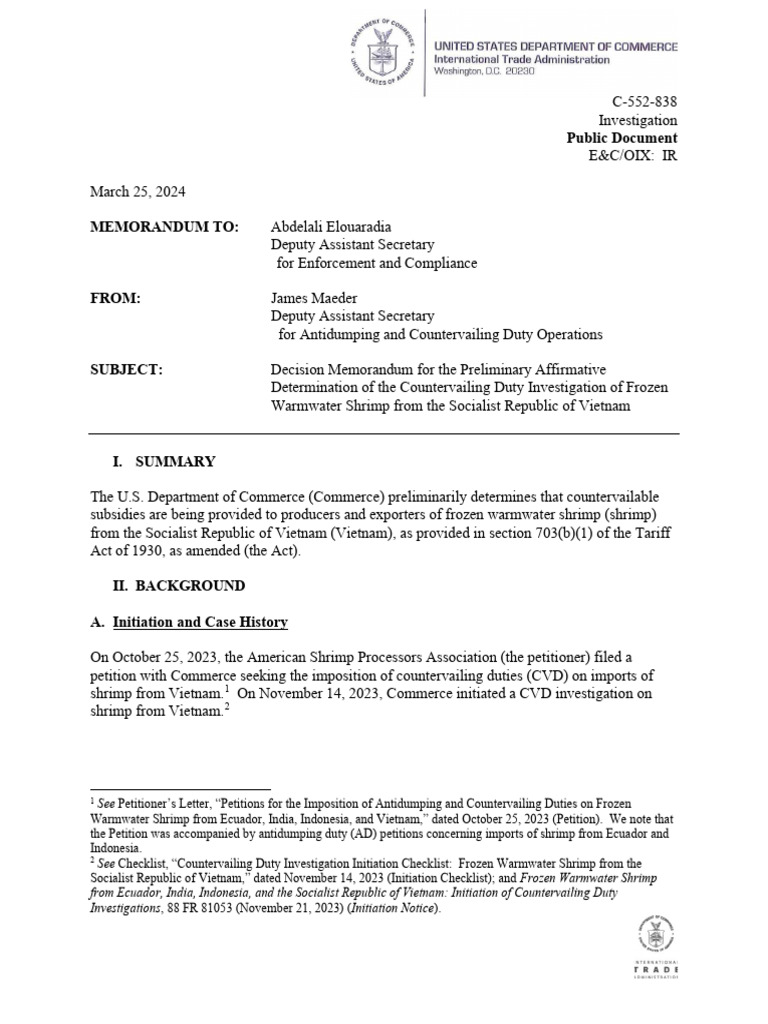Preliminary CVD Determination on Shrimp | PDF | Taxes | Dumping ...