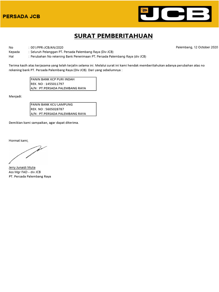 surat pemberitahuan perubahan rekening bank | PDF