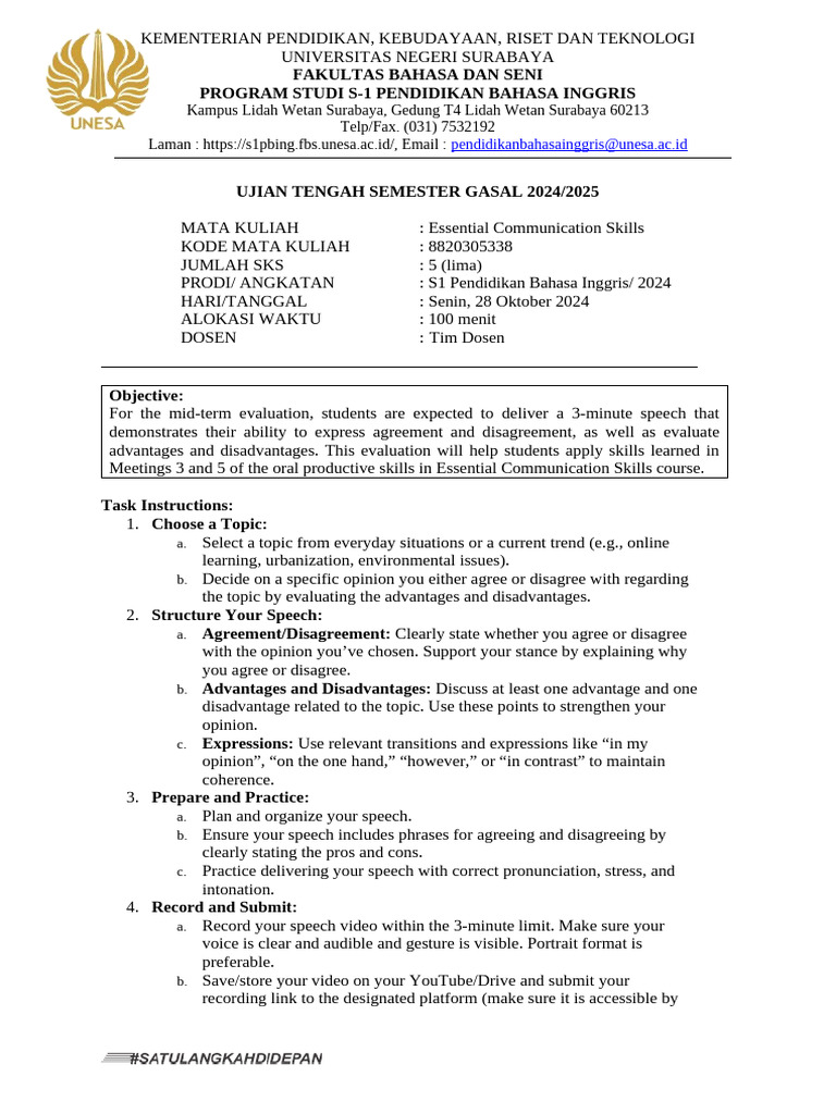 UTS GASAL 2024 - Essential Communication Skills [Oral Productive ] | PDF | Cognitive Science ...