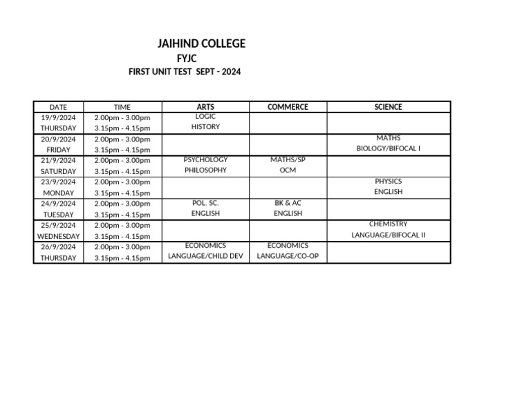 Fyjc 2024-25 First Unit Test Timetable | PDF