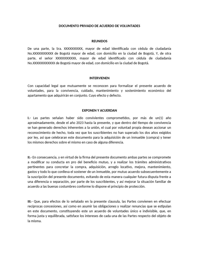 Modelo de Acuerdo de Voluntades en Colombia | PDF