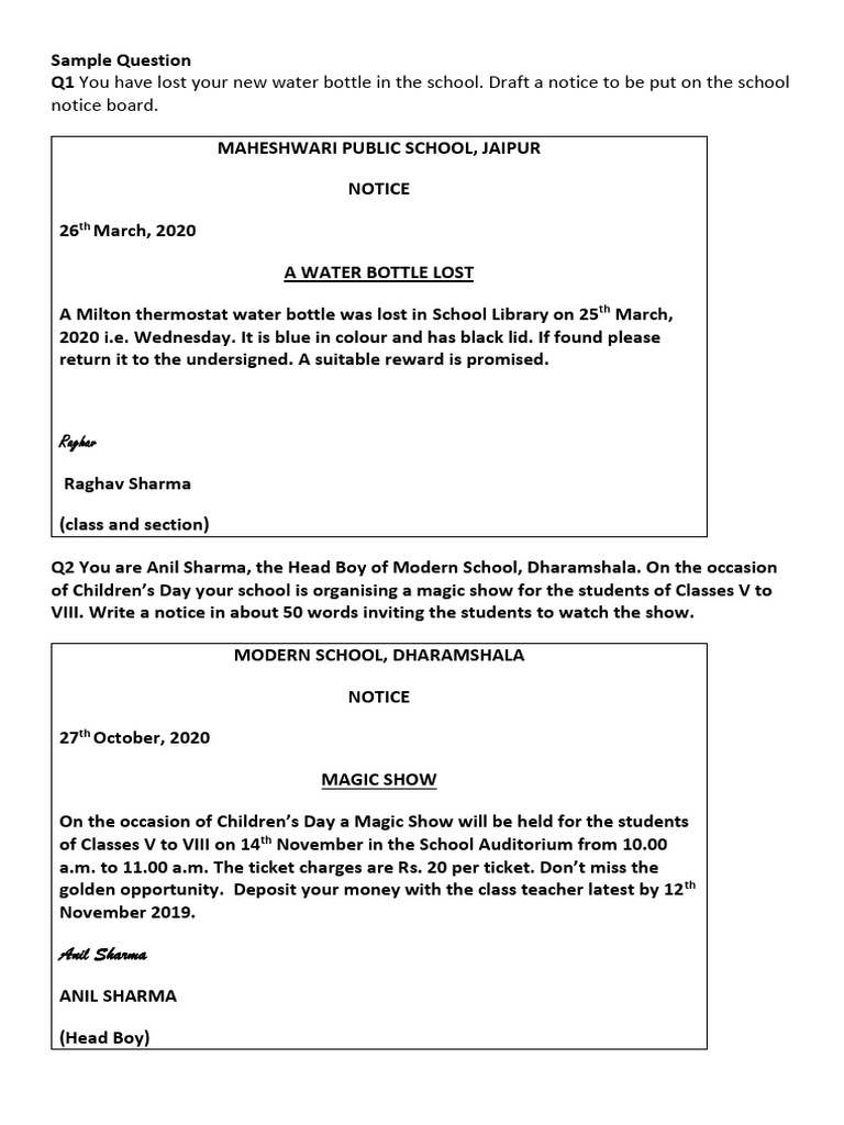 Notice Writing Practice Questions | PDF