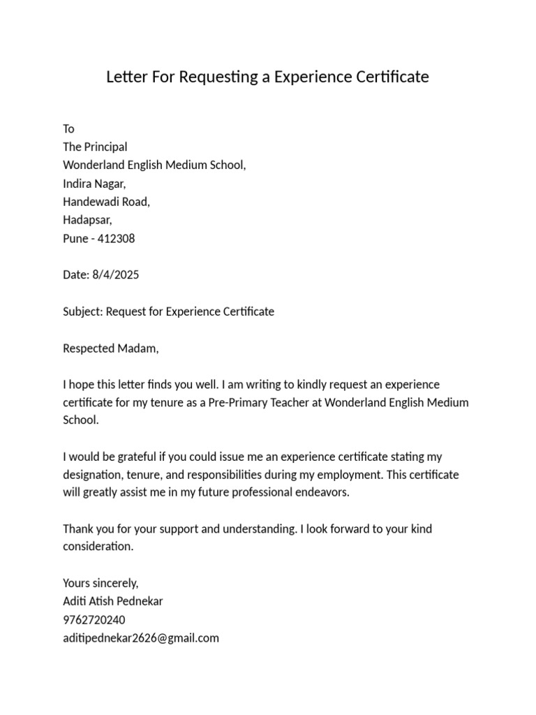 Experience Certificate Request Letter | PDF
